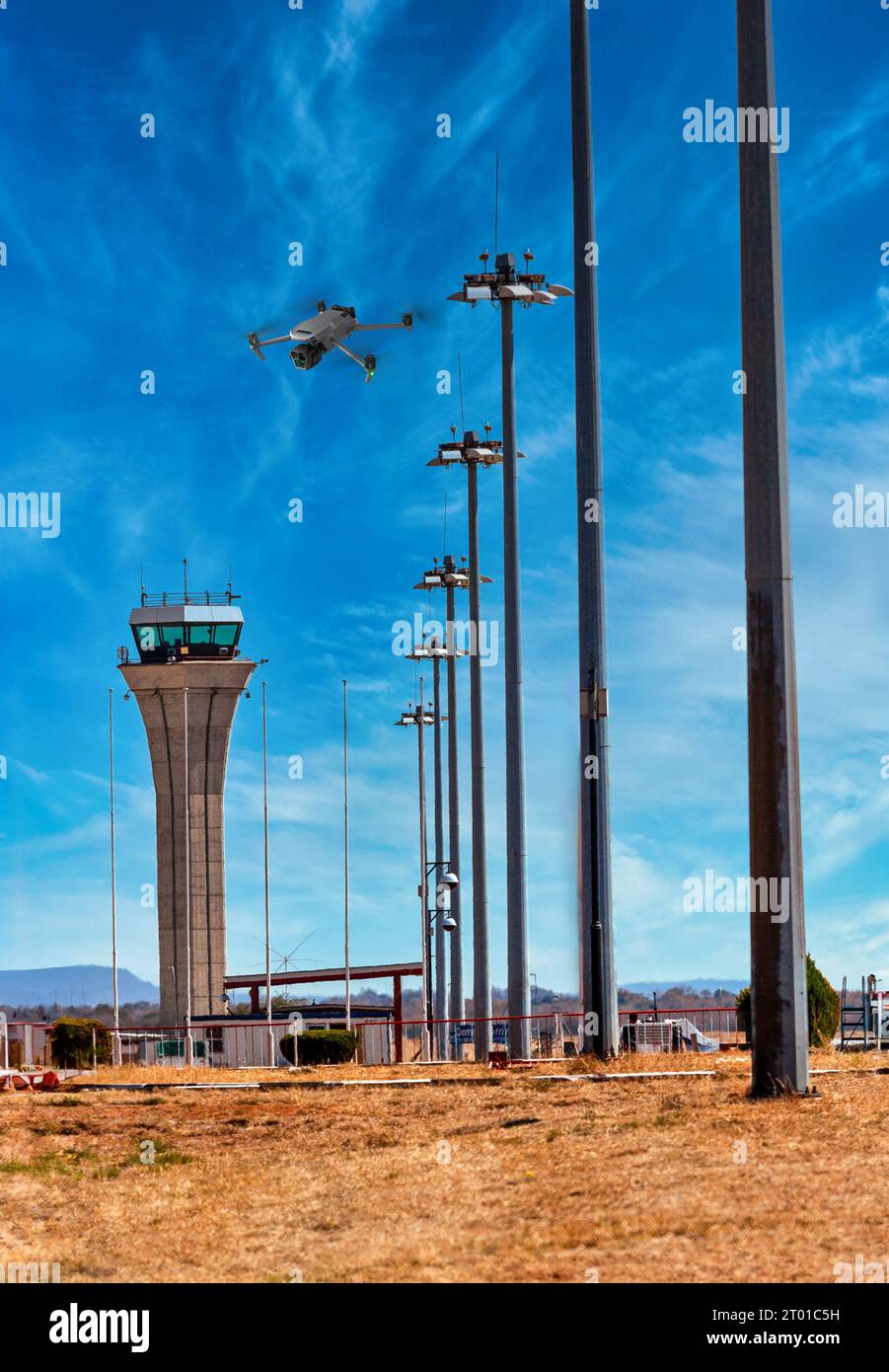 drone flying in a restricted zone at the airport terminal near the ...