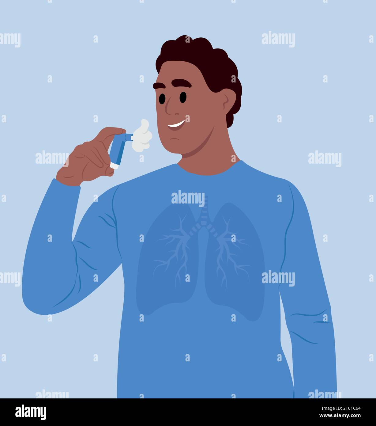 World Asthma Day. Young smiling man using an asthma inhaler Allergy ...