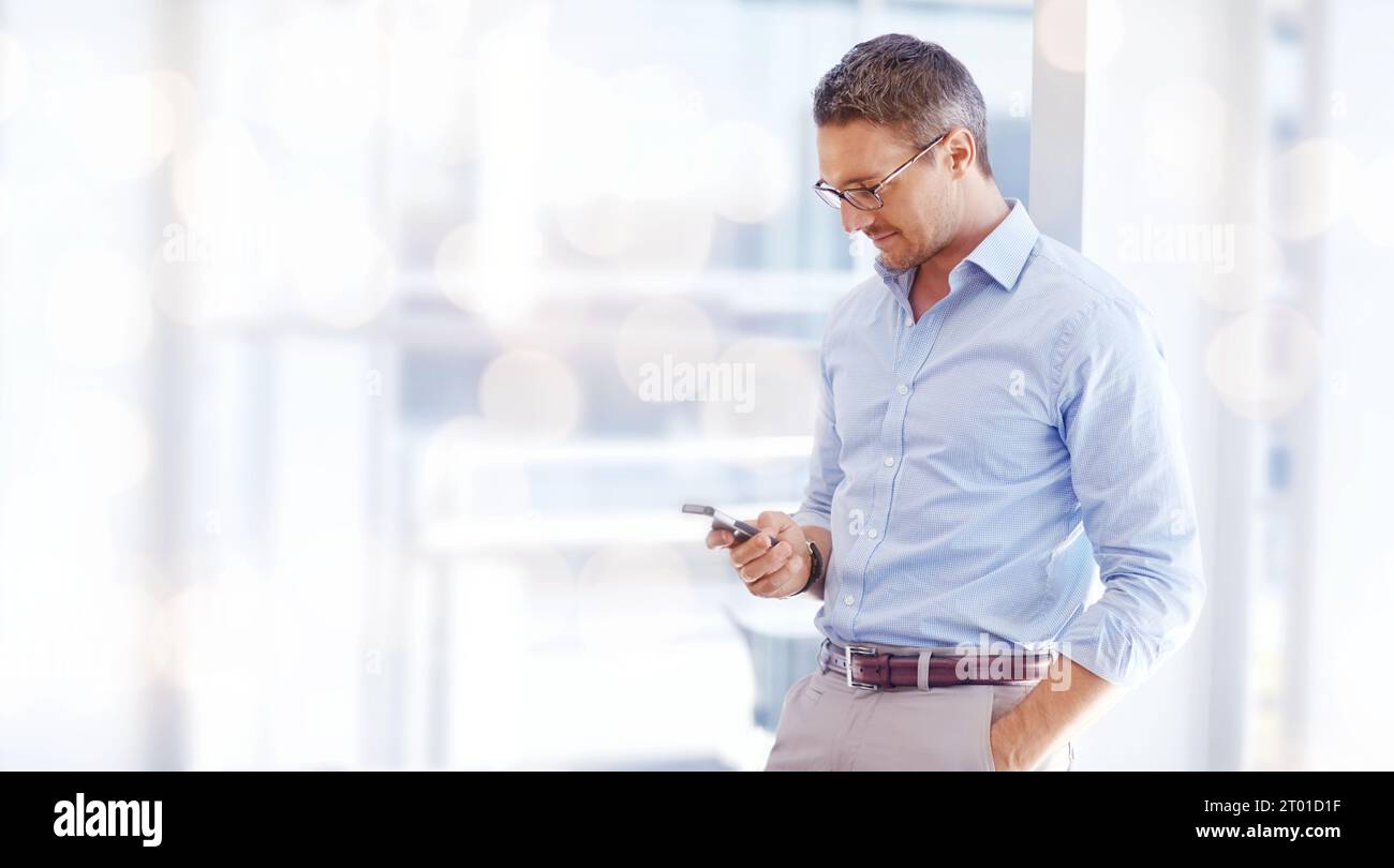 Consultant, man and banner with a cellphone, typing and connection with internet, social media ...
