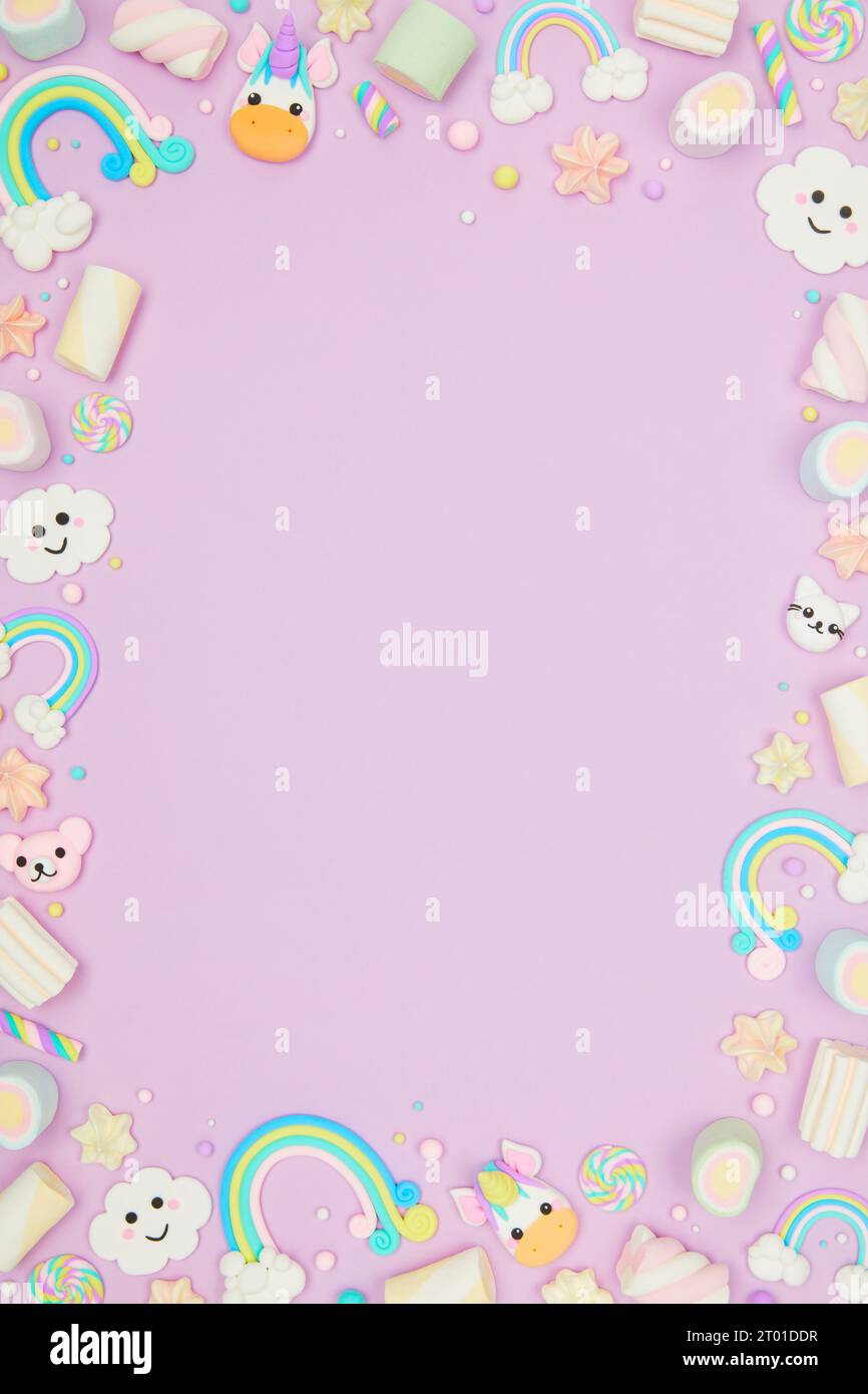 Purple kawaii background with cute air plasticine cartoon characters ...