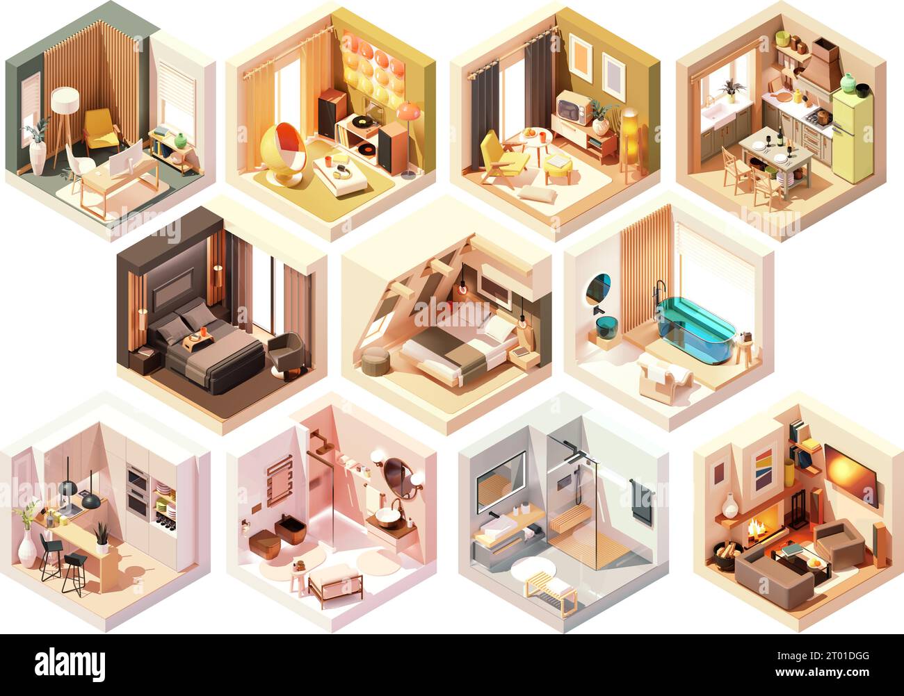 Vector isometric home rooms set. Rooms cross-sections. Bedroom, living ...