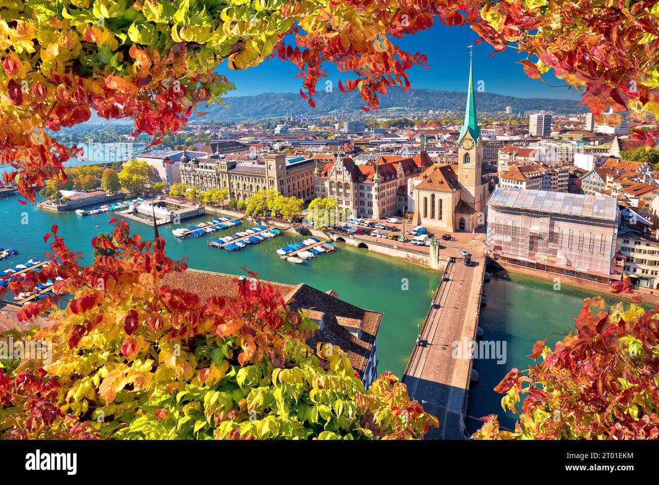 Zurich and Limmat river waterfront aerial view, largest city in ...