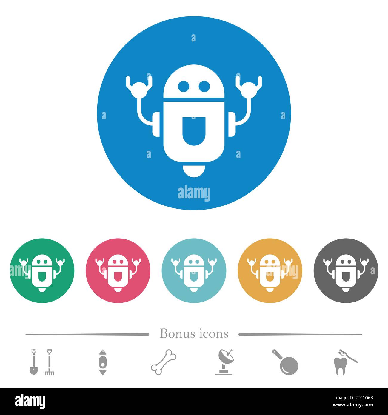 Rolling robot flat white icons on round color backgrounds. 6 bonus ...