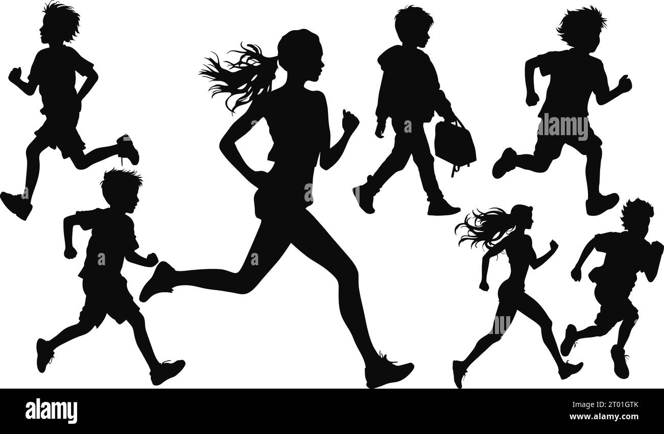 Run. Set of silhouettes of running child and women. Active people Stock ...