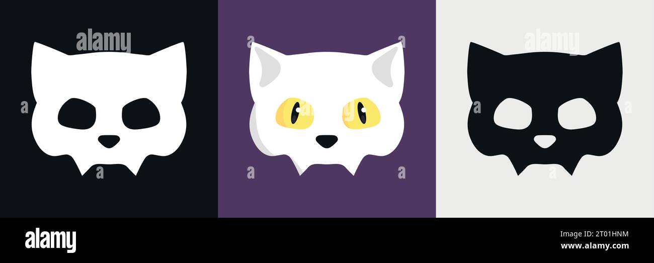 Set of cat skulls. Black and white cat skull silhouettes and skull with ...