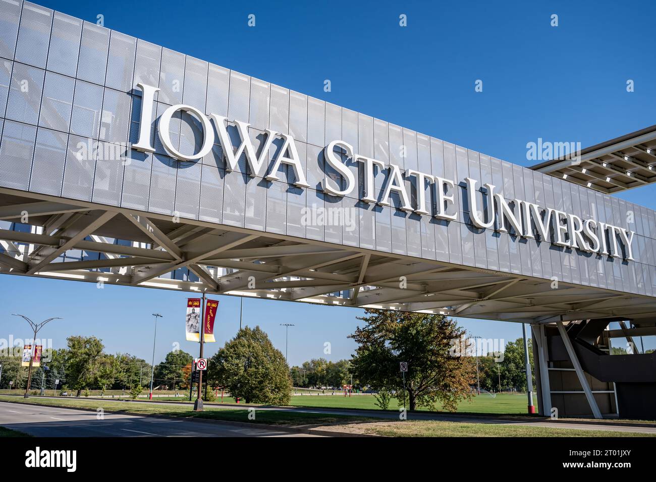 Ames, IA, USA - 10.1.2023: Focus on logo of bridge leading to Jack ...