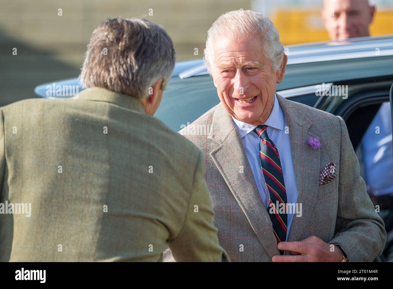 King Charles III is greeted by Lord Lieutenant Sandy Manson during a ...