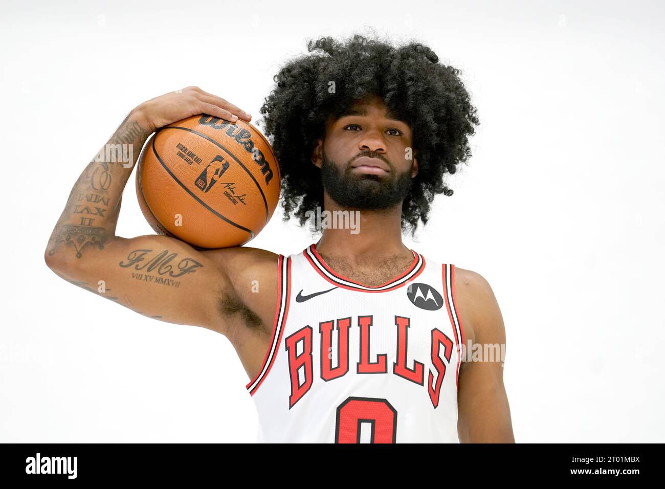 Chicago Bulls guard Coby White poses form photographers during the NBA ...