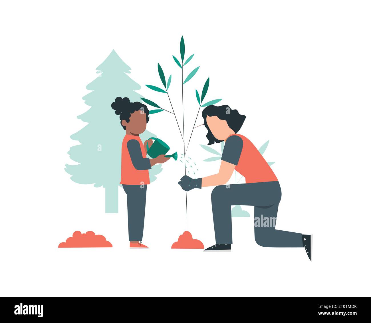 Young mother and her daughter planting tree in the garden. Flat vector ...