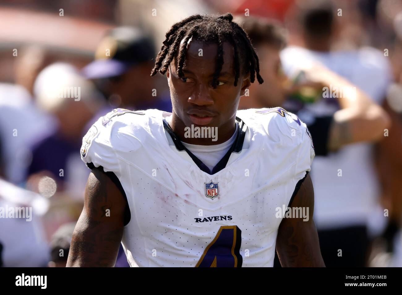 Baltimore Ravens wide receiver Zay Flowers (4) stands on the sideline ...