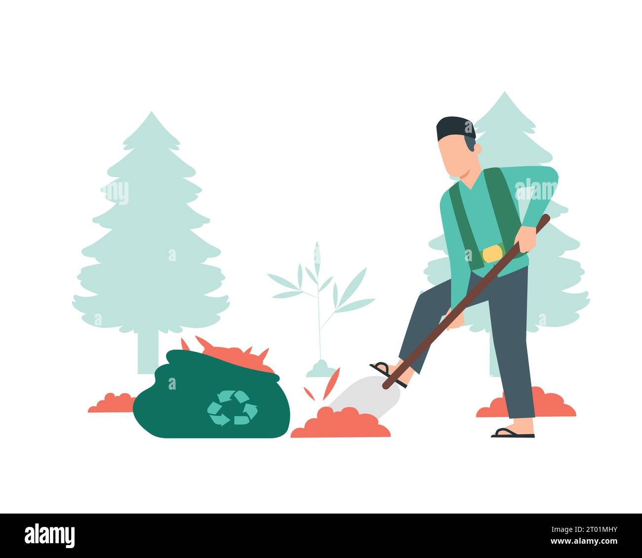 Gardener with shovel and garbage bag. Flat vector illustration for ...