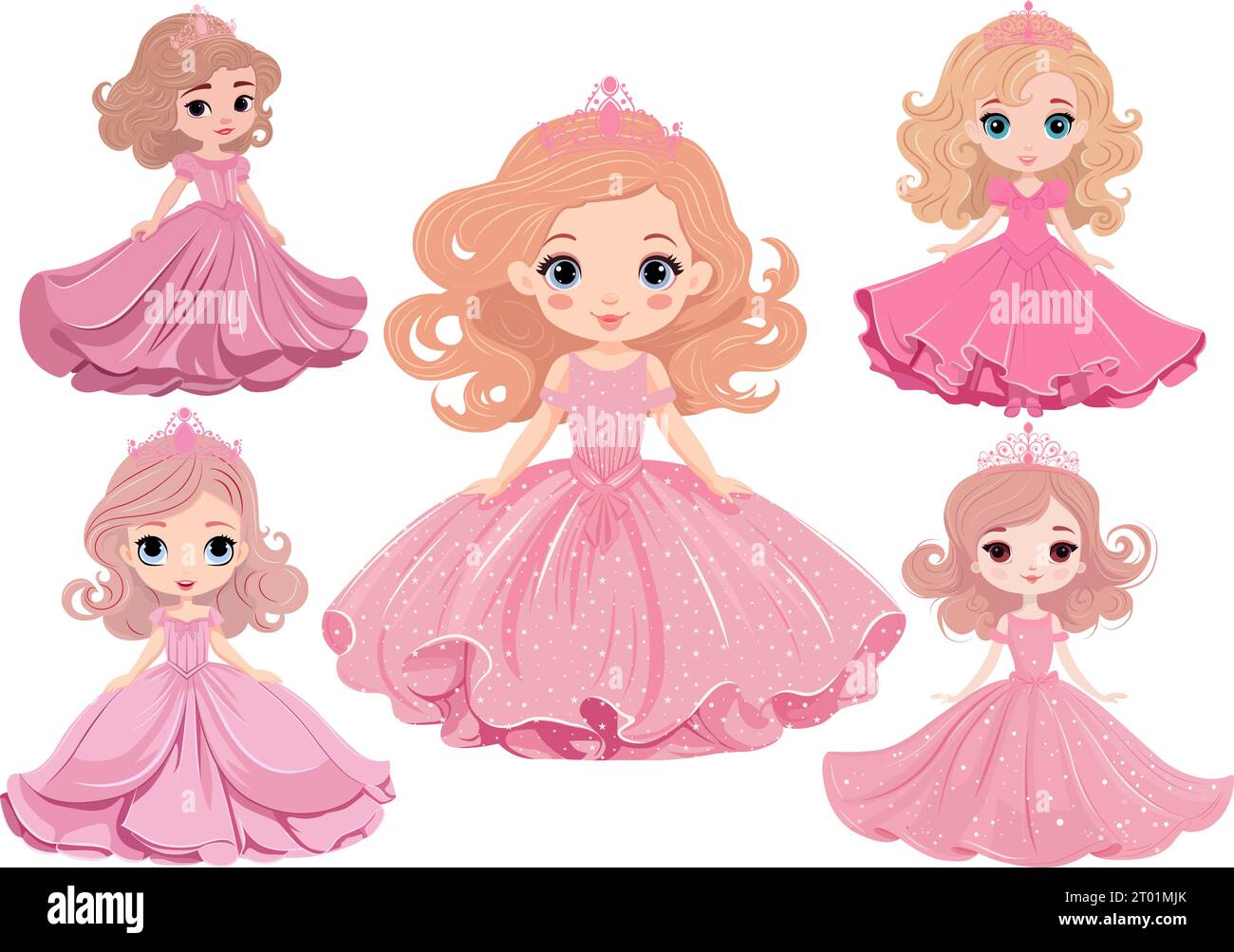 Little princesses in colorful beautiful dresses and gold crowns. Cute ...