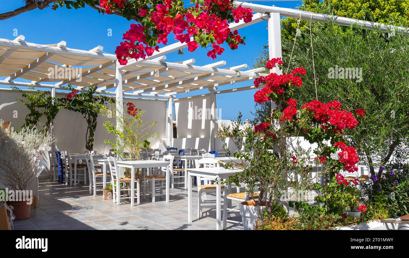 Greek taverna. The typical restaurant on the Greek islands with blue ...