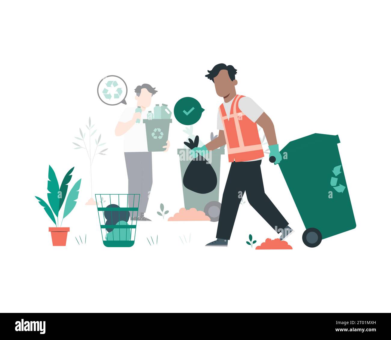 Volunteer man and woman collect garbage. Flat styled vector ...