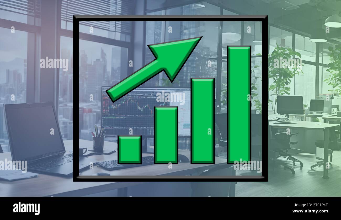 office background out of focus as green positive stock technical graph ...