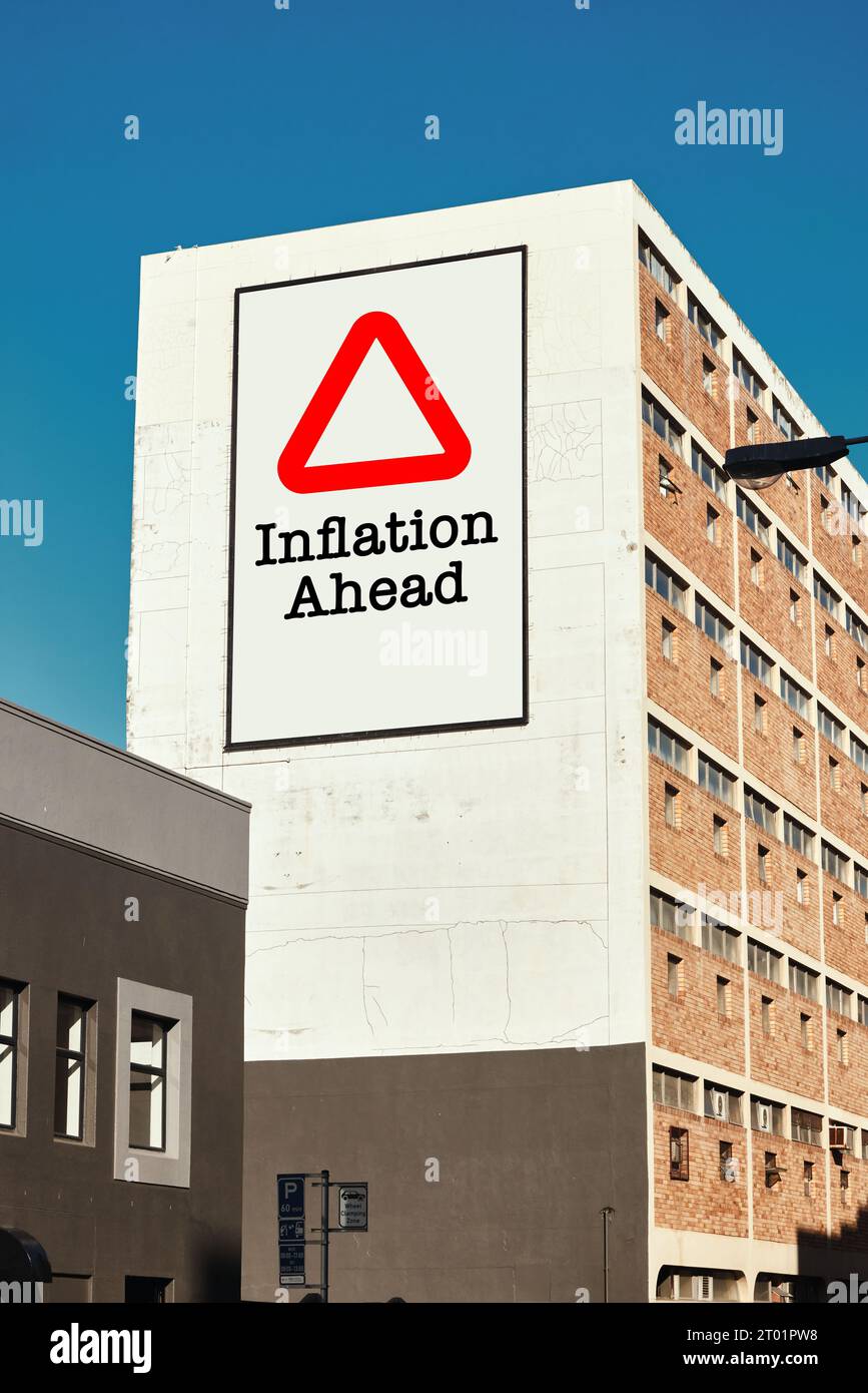 City, building and warning of inflation, caution and price increase ...