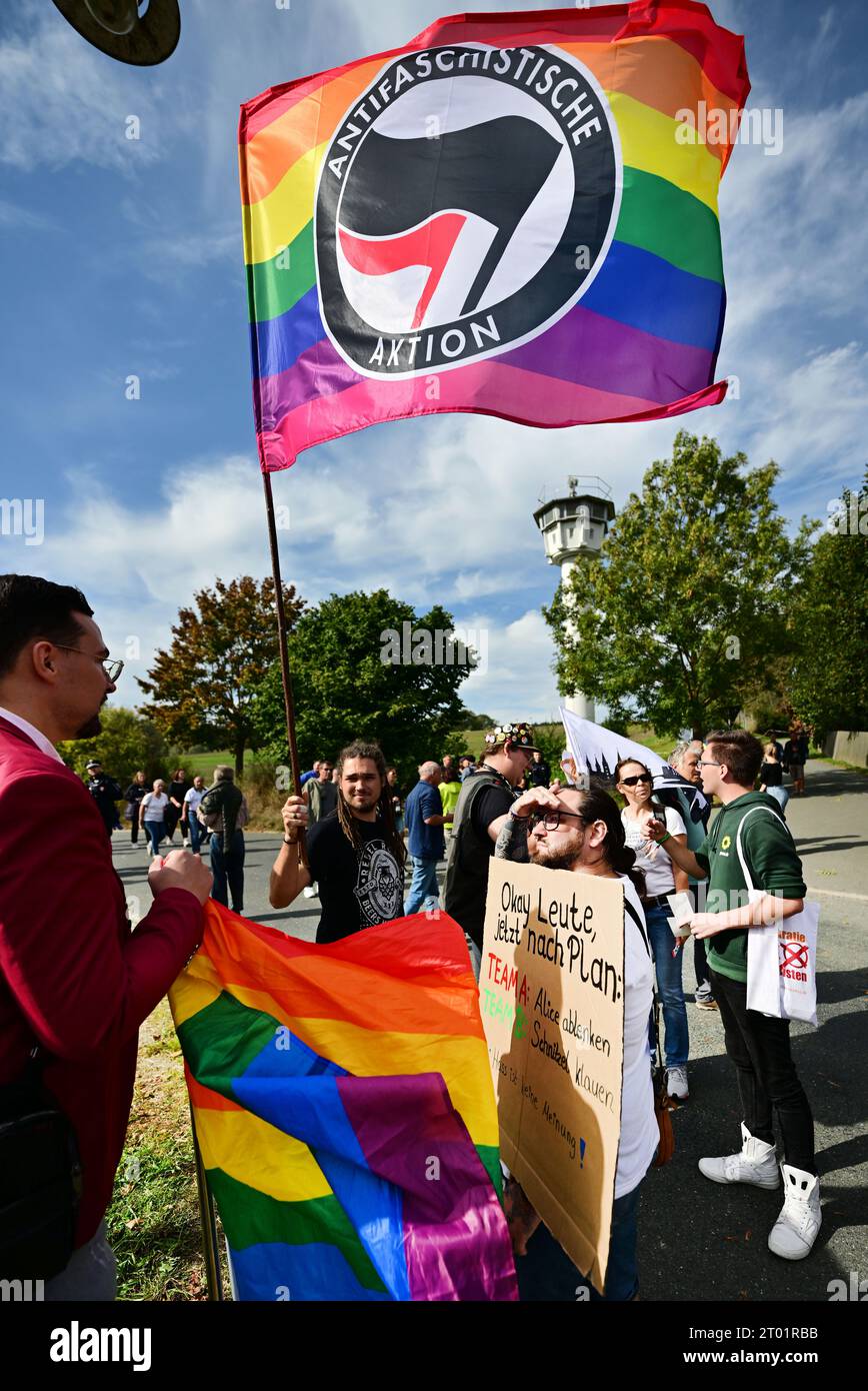 03 October 2023, Thuringia, Mödlareuth: "Anti-fascist action" is ...