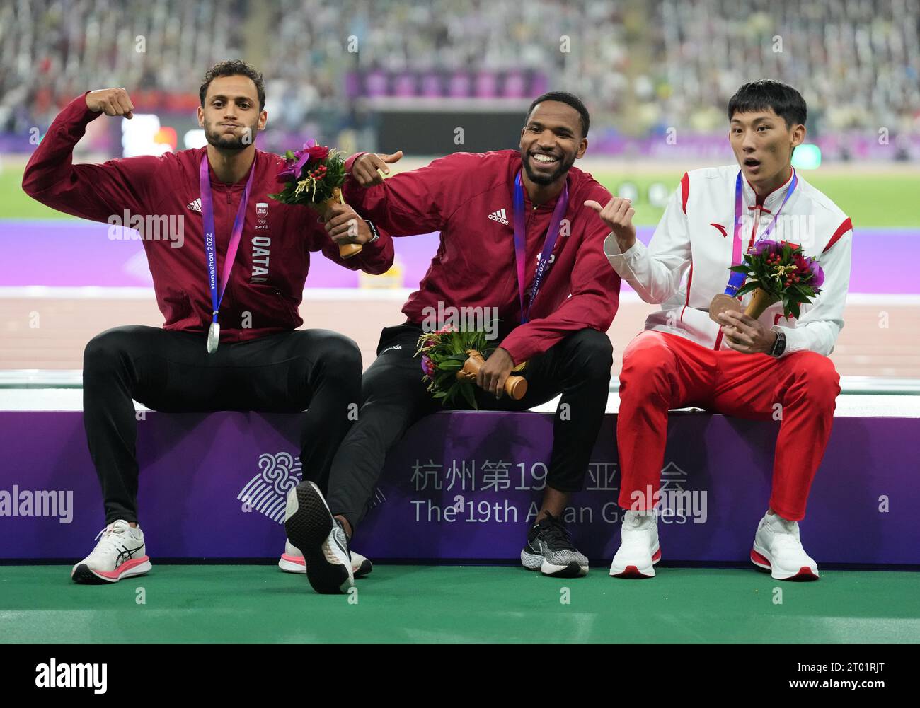 Hangzhou, China's Zhejiang Province. 3rd Oct, 2023. Gold medalist Abderrahman Alsaleck (C) of ...