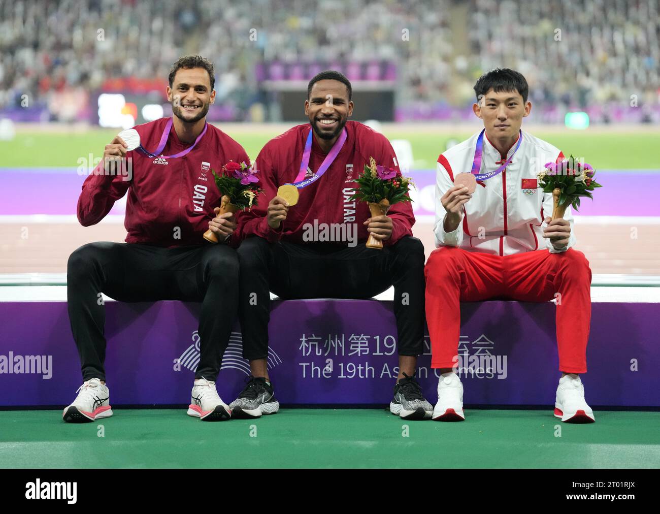 Hangzhou, China's Zhejiang Province. 3rd Oct, 2023. Gold medalist Abderrahman Alsaleck (C) of ...