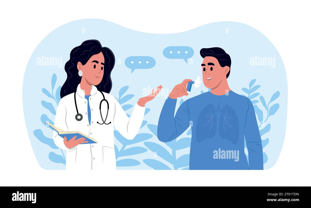 A doctor tells his patient how to use an inhaler during asthma attack ...