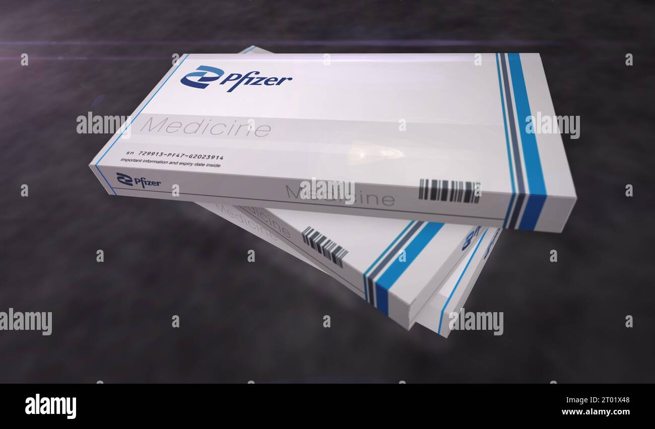 Poznan, Poland, October 2, 2023: Pfizer tablets box production line ...