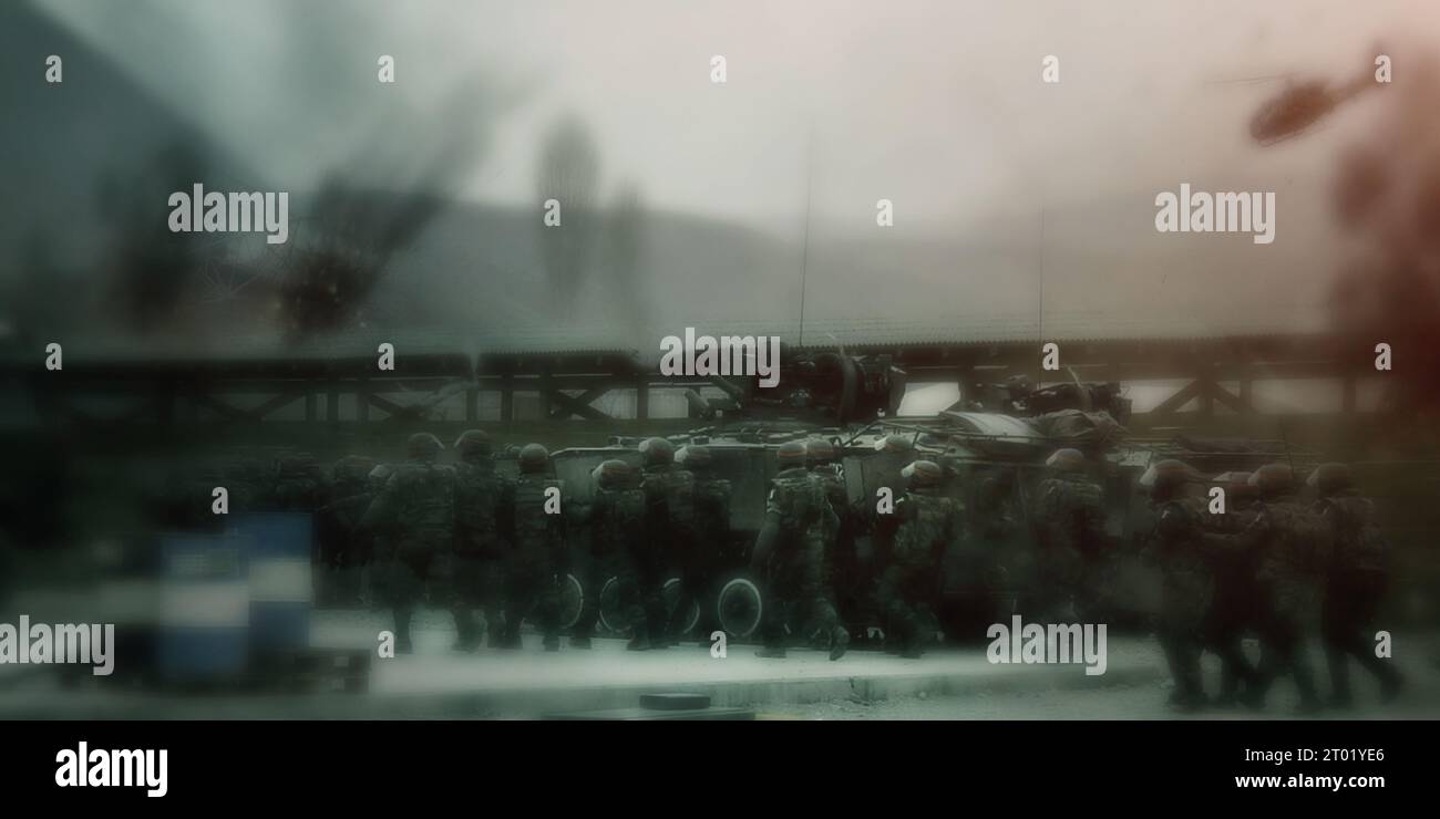 Blurred, soldier group and war mission with team, secret service and ...