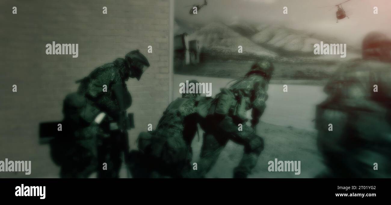 Night vision, soldier group and mission with team, secret service and ...