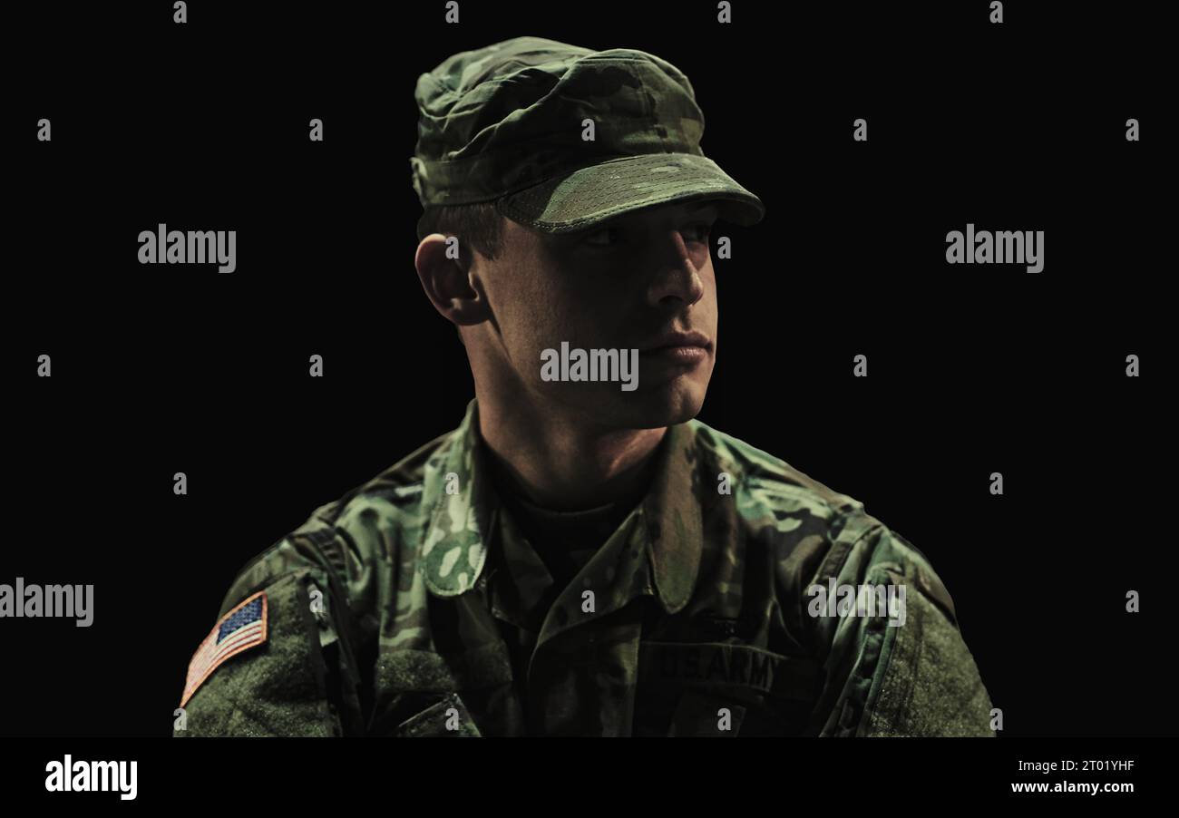 Man, soldier and war on black studio background, ptsd and patriotic in ...