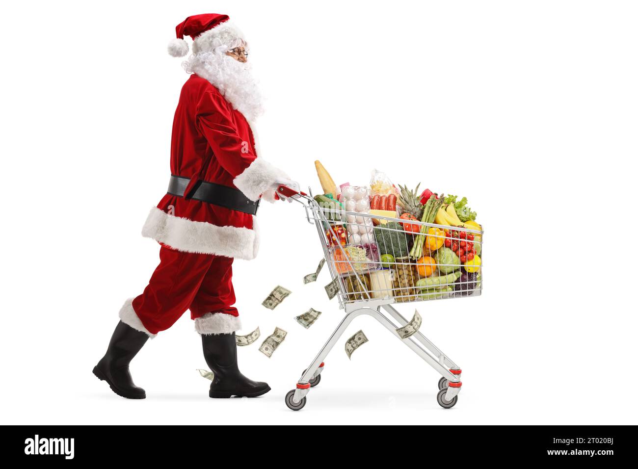 Full length profile shot of Santa Claus walking and pushing a shopping ...