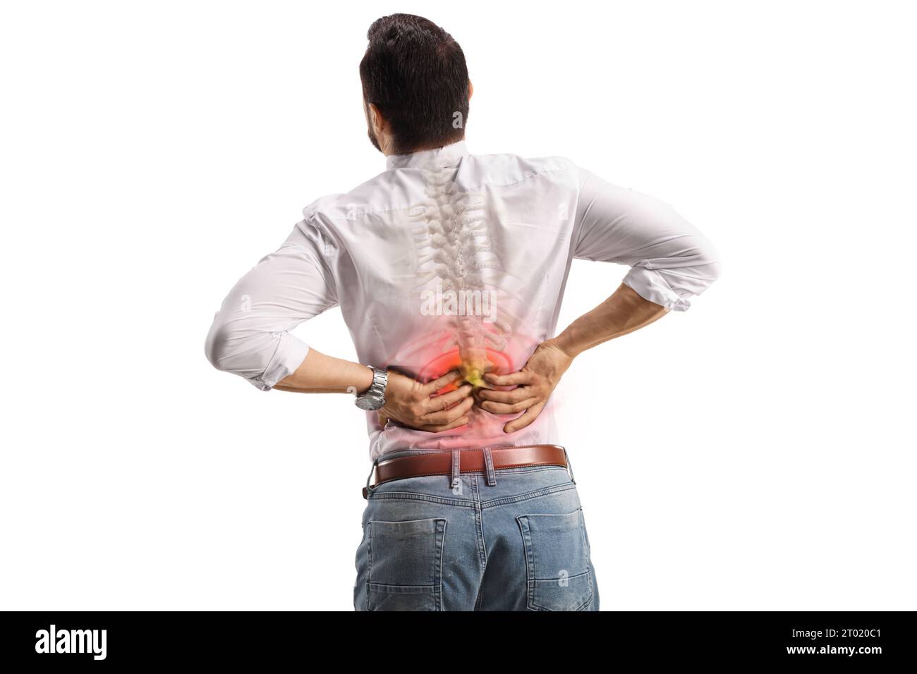 Rear view shot of a man holding lower back inflamed zone with visible ...