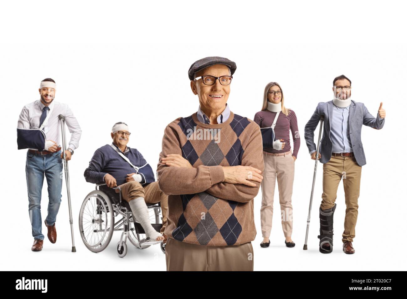 Smiling elderly man posing in front of people with injuries isolated on ...