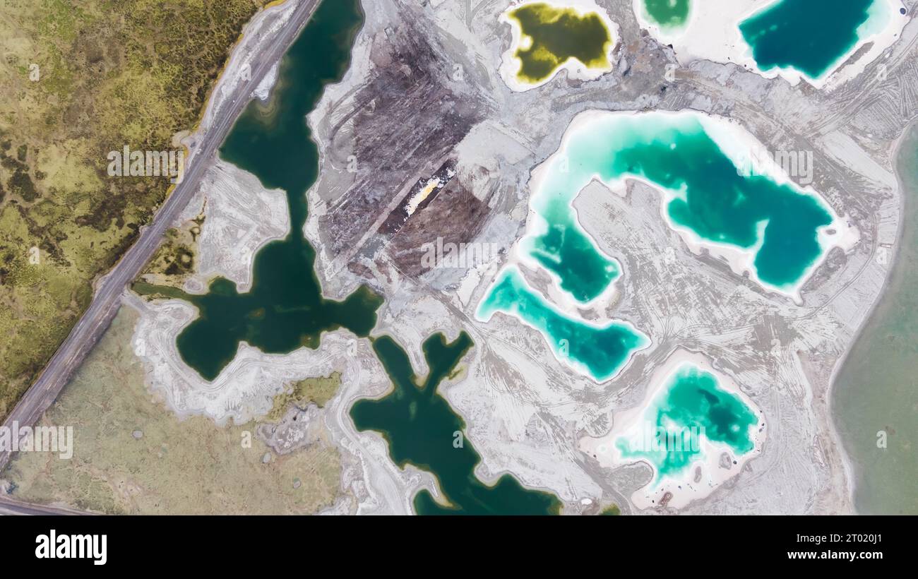 An aerial view of the vast expanse of salt lakes near Mangya Emerald ...