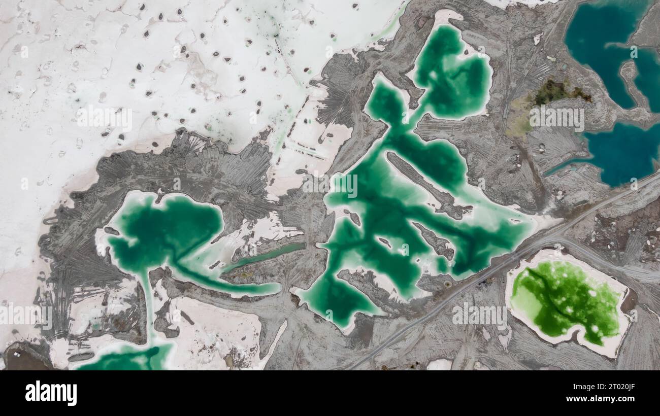 An aerial view of the vast expanse of salt lakes near Mangya Emerald ...