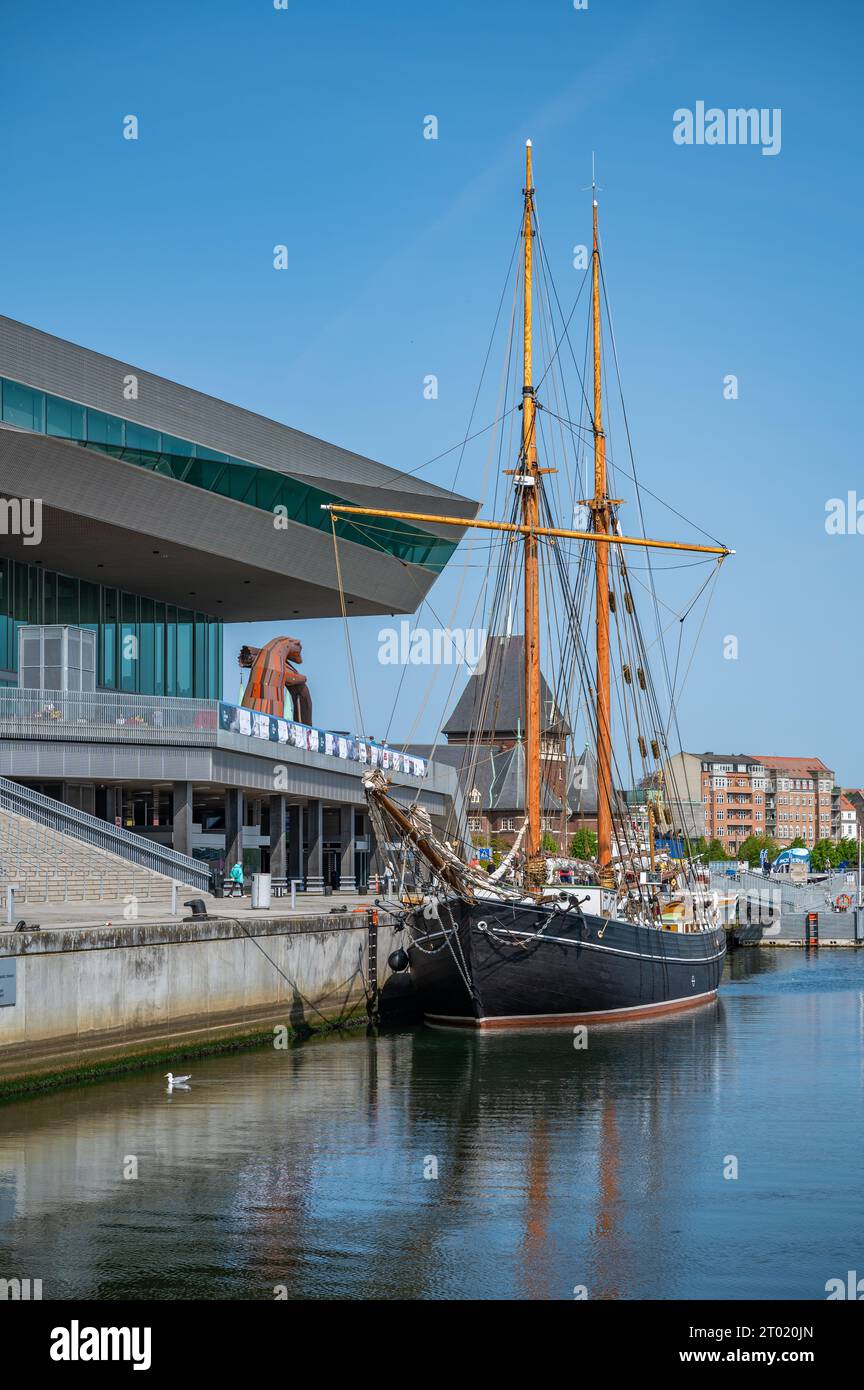 Old traditional Sailship sailboat in front of Aarhus Stadsarkiv ...