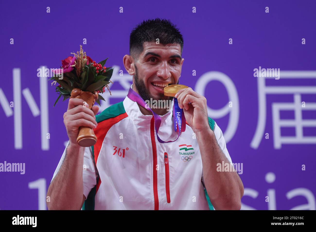 Hangzhou, China's Zhejiang Province. 3rd Oct, 2023. Gold medalist Davlat Boltaev of Tajikistan ...