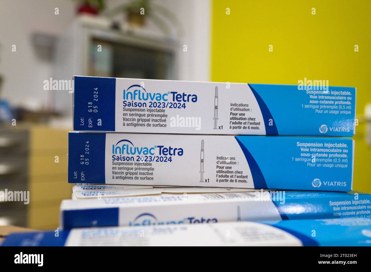 Tubes of Influvac Tetra flu vaccine in a pharmacy. France, Montauban ...