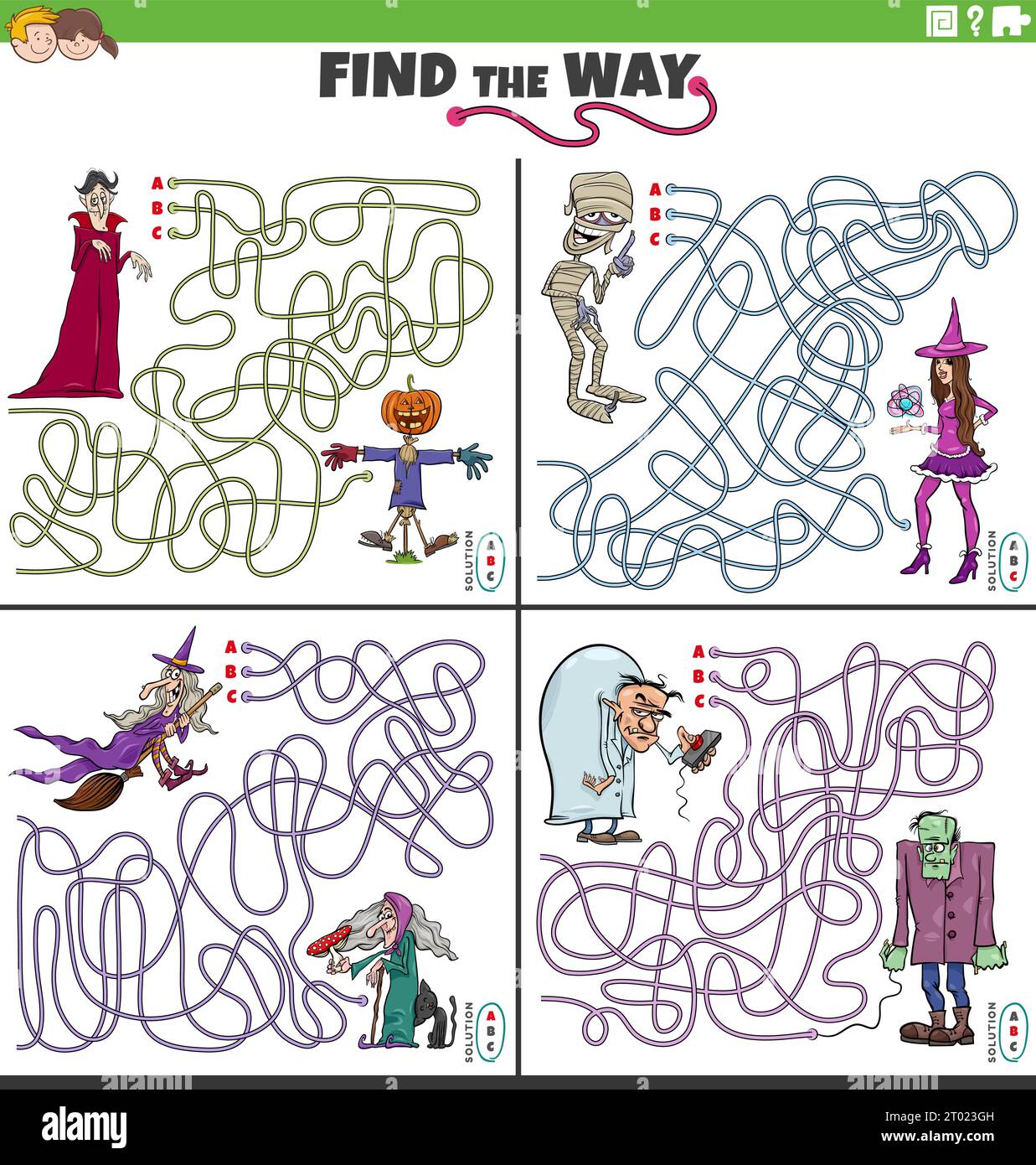 Cartoon illustration of find the way maze puzzle activities set with ...