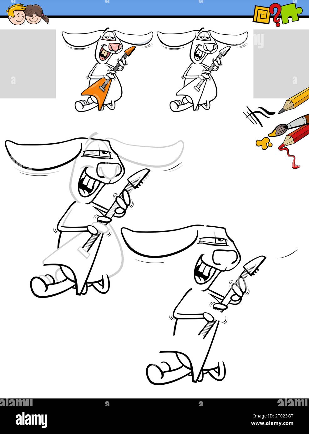 Cartoon illustration of drawing and coloring educational activity with ...