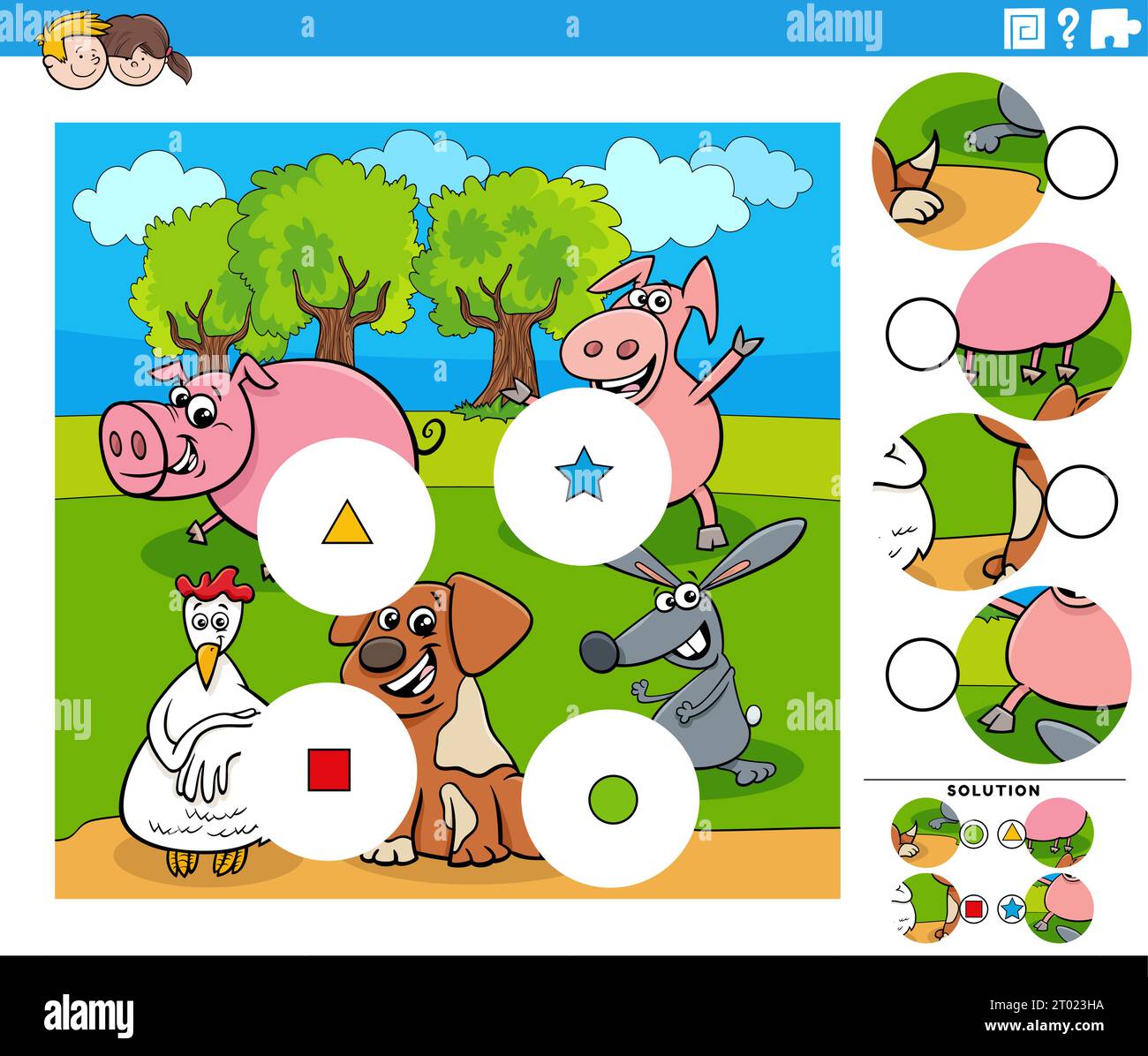 Cartoon illustration of educational match the pieces jigsaw puzzle game ...