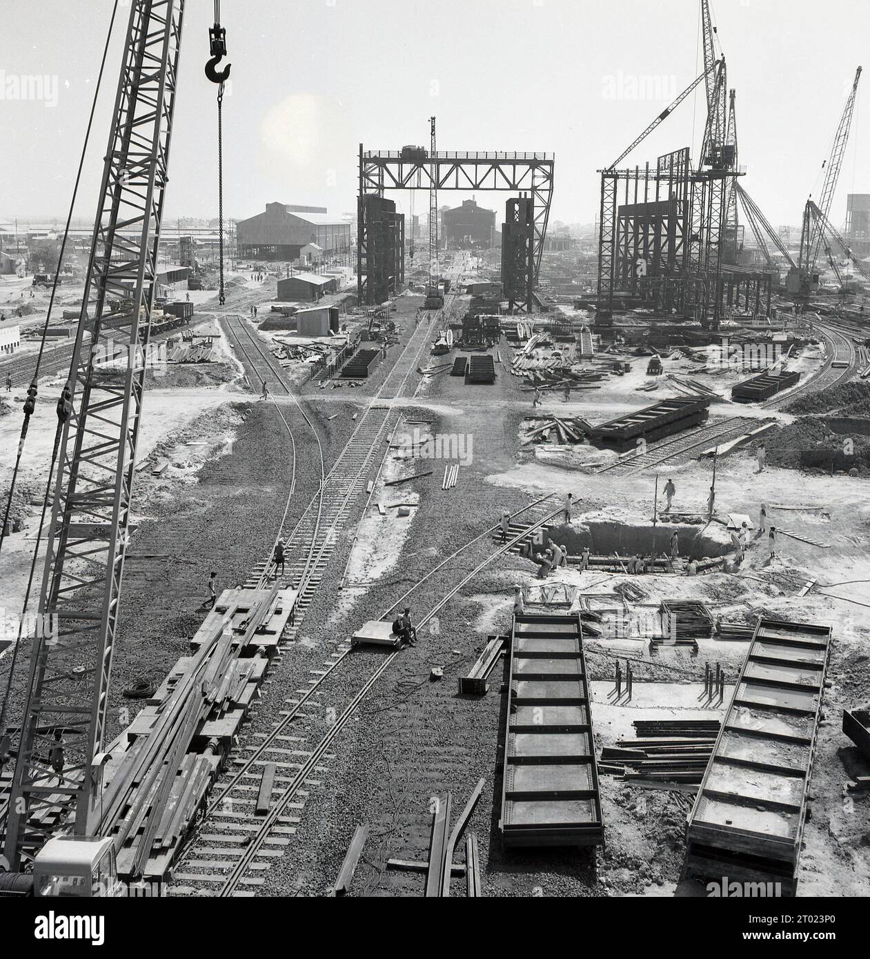 1950s, historical, wide view of a new power station being constructed ...