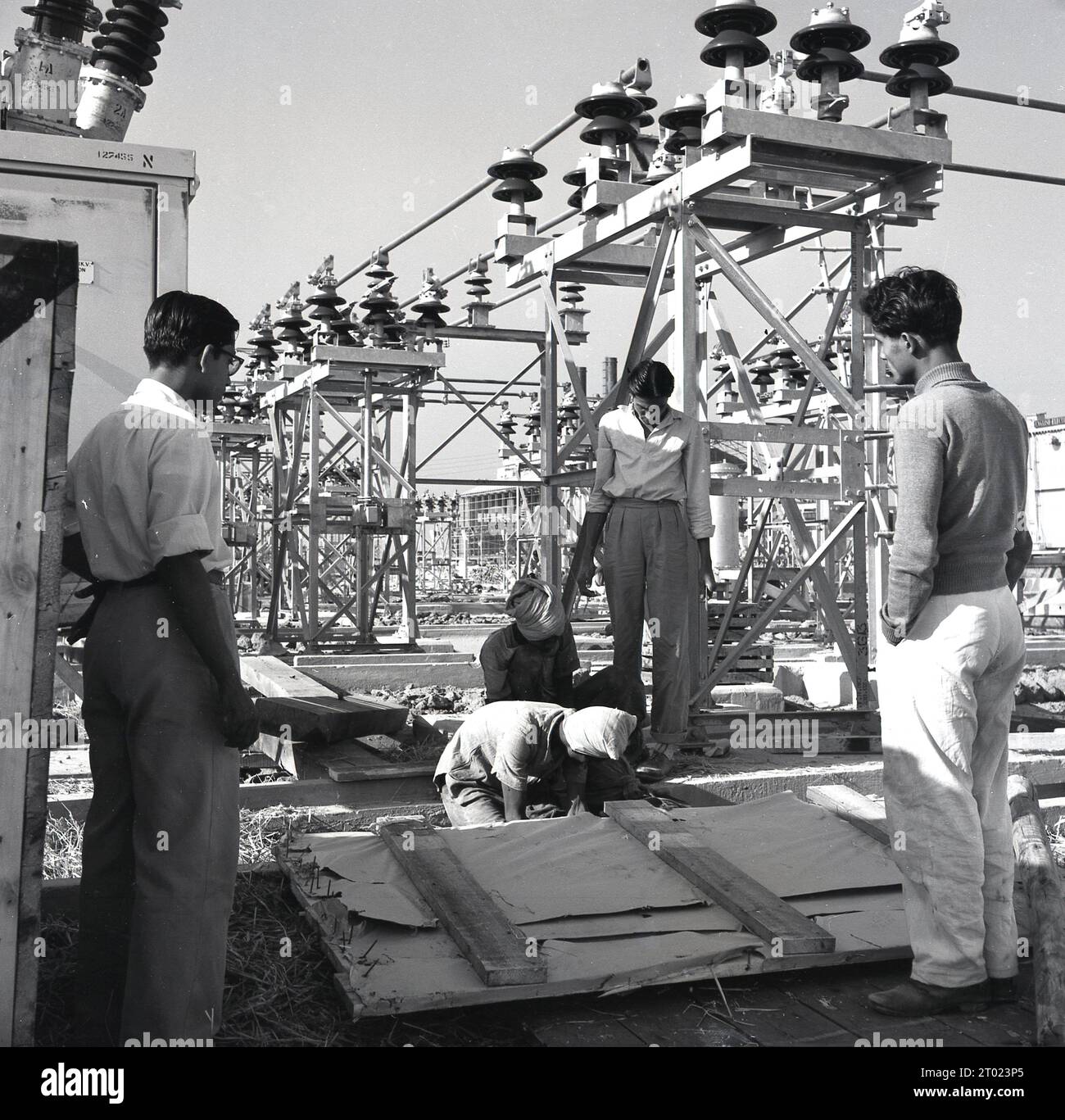 1950s, historical, electrical cables at a newly built power station ...