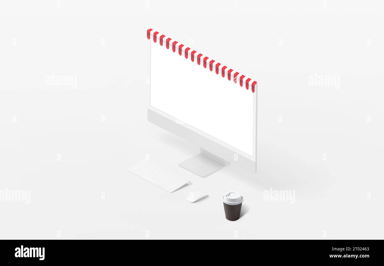 Online shopping computer display presentation mockup with red white ...