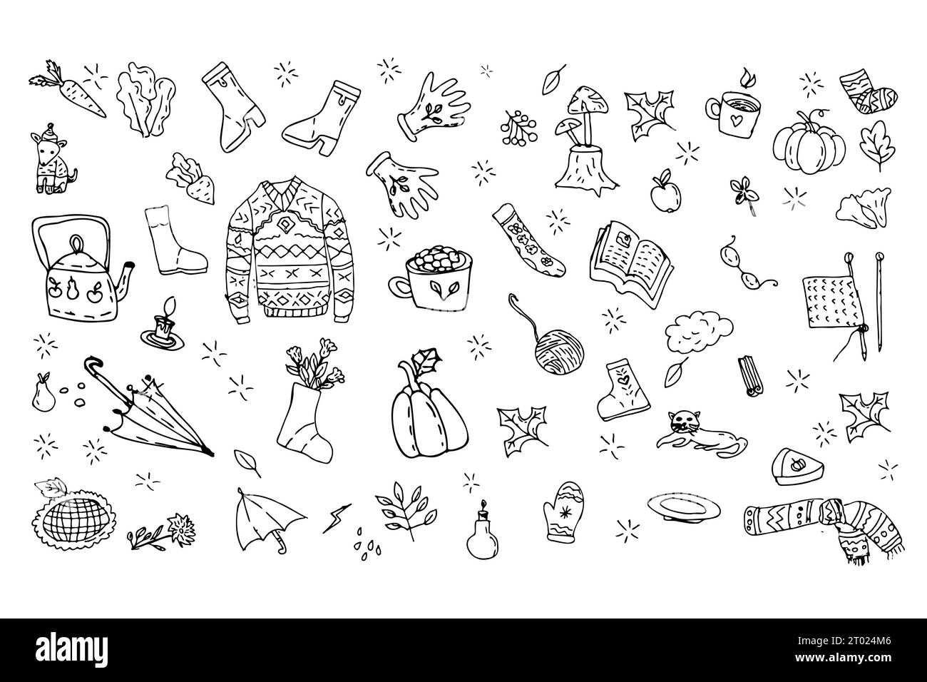 Vector set of doodle outline icons, autumn cozy Stock Vector Image ...