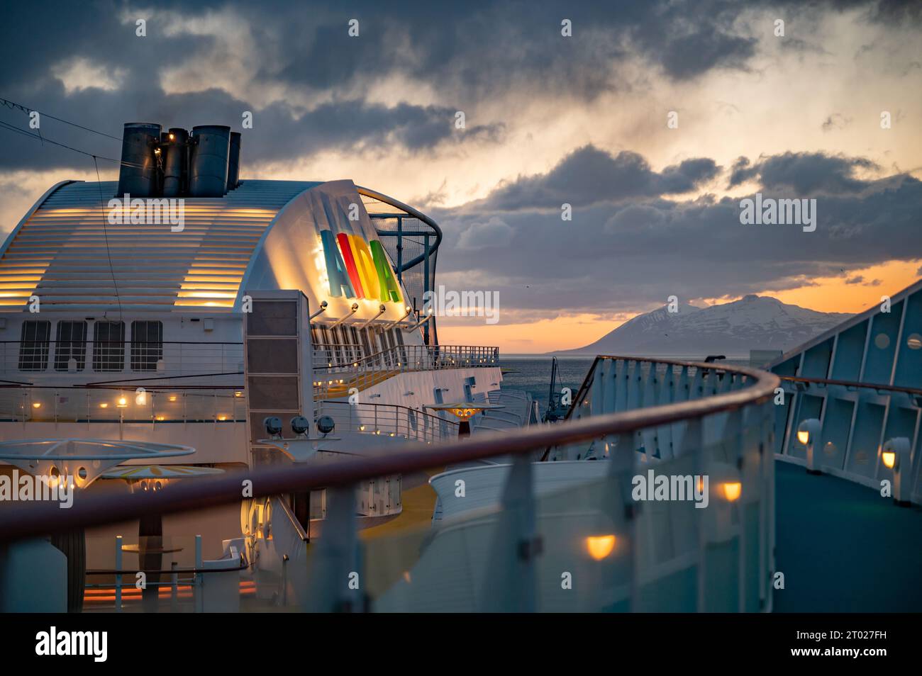 Illuminated AIDA Logo attached to AIDA Bella ship with fence and boat ...