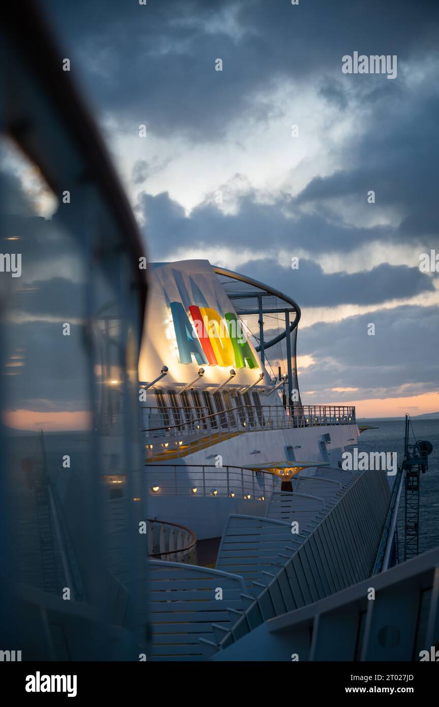 Illuminated AIDA Logo attached to AIDA Bella ship with fence and boat ...