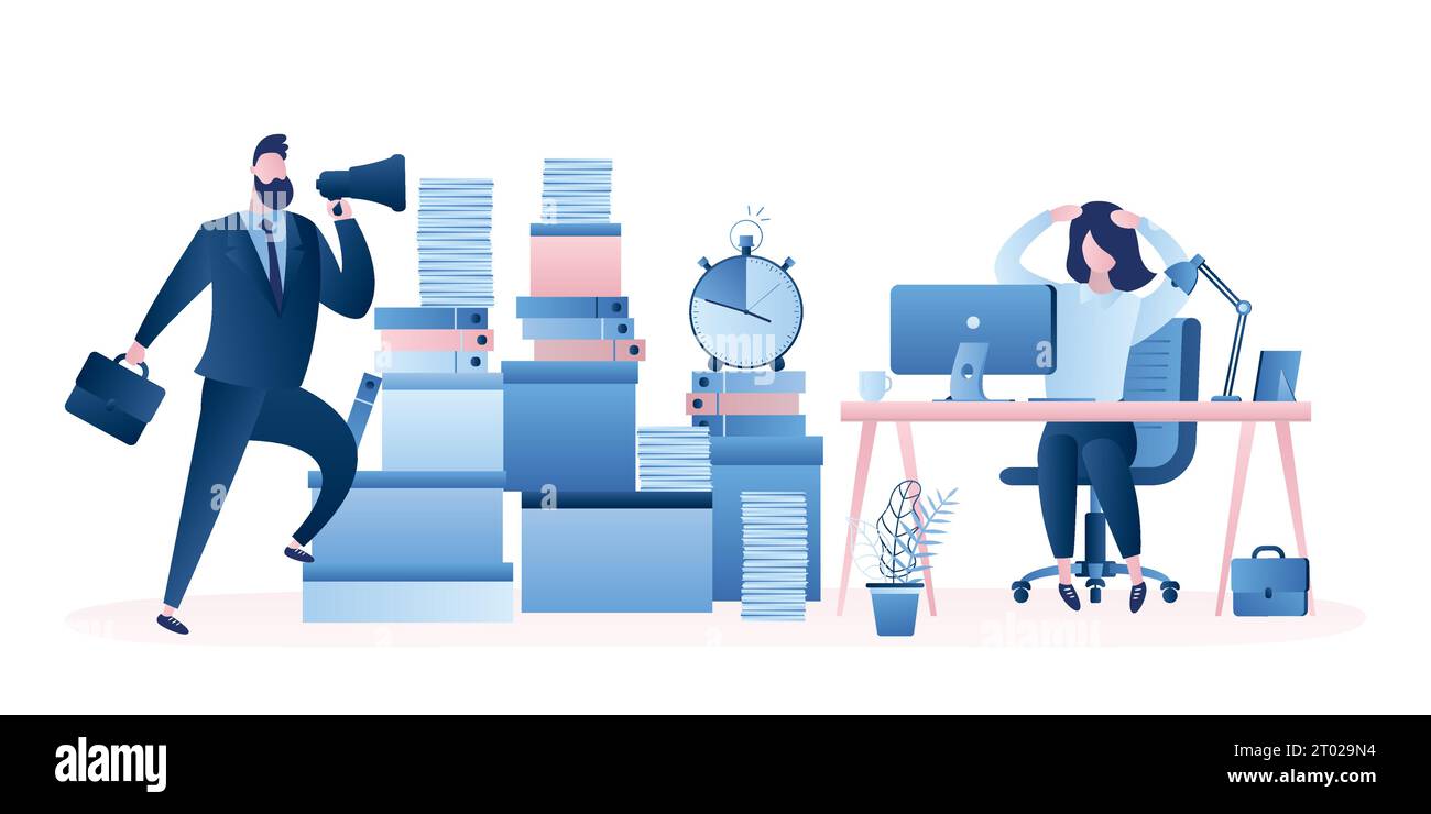 Office worker woman on workplace. Female employee look on huge heap of ...