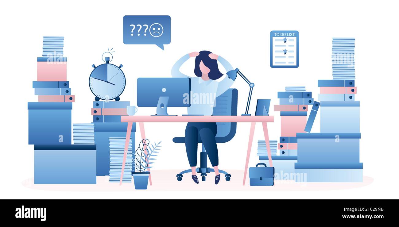 Office worker woman on workplace, overwork. Unhappy female employee ...