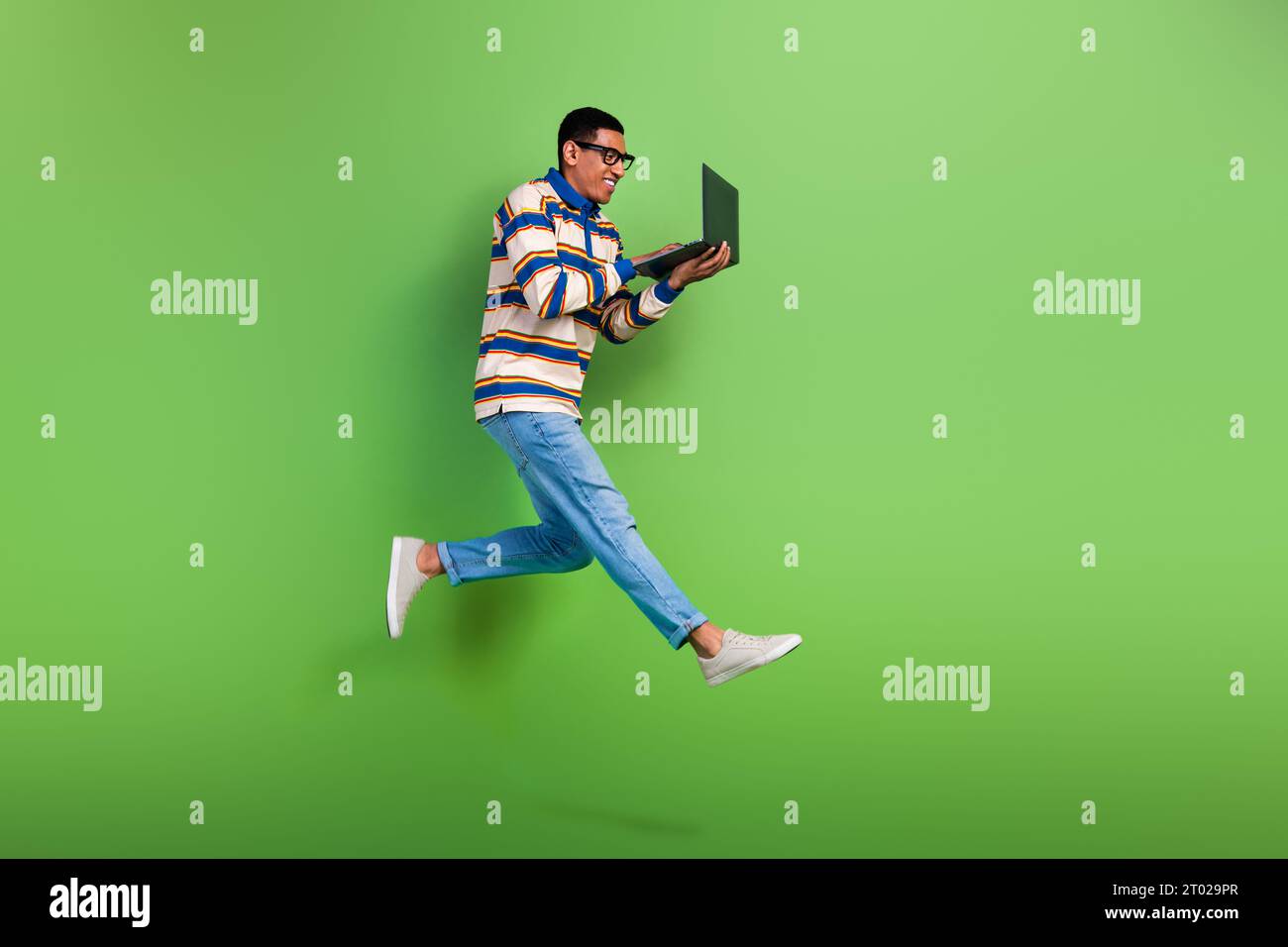 Full body photo of man jumping professional it company workaholic hurry ...