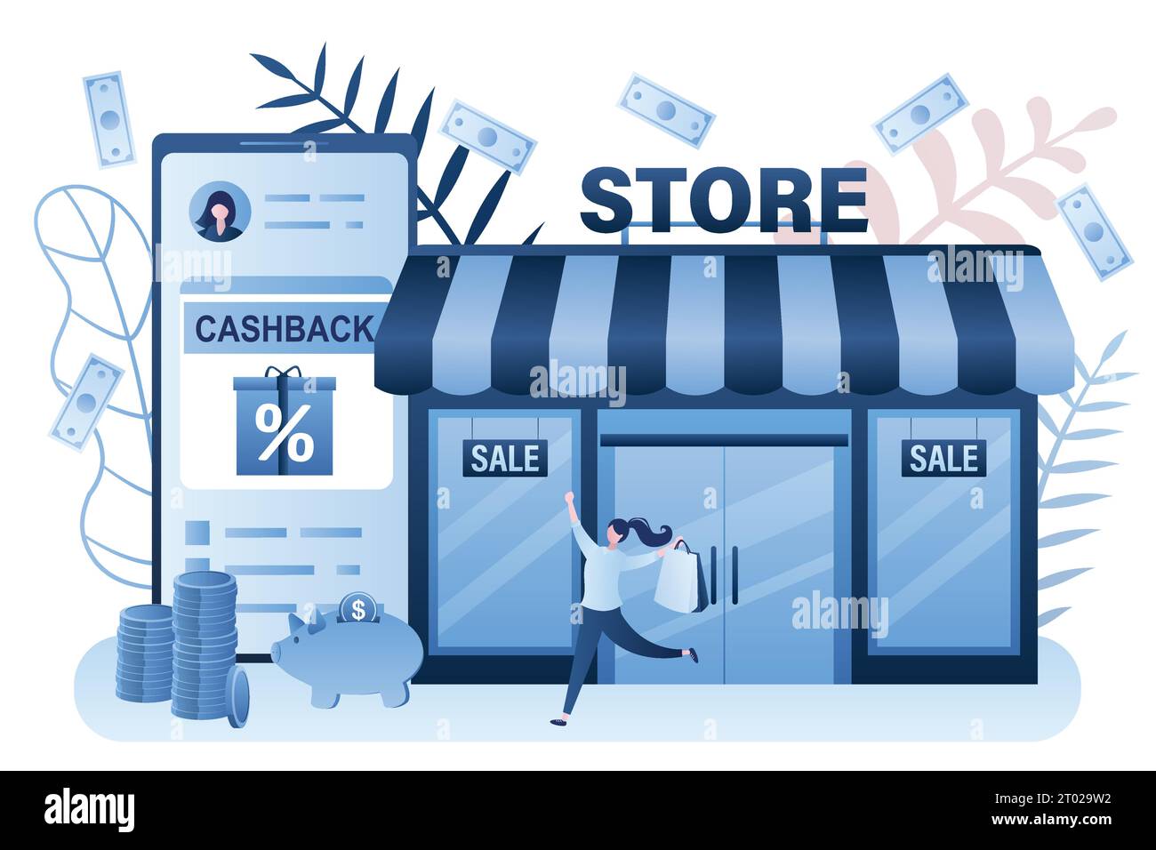 Money cashback concept. Happy woman with shopping bags near storefront ...