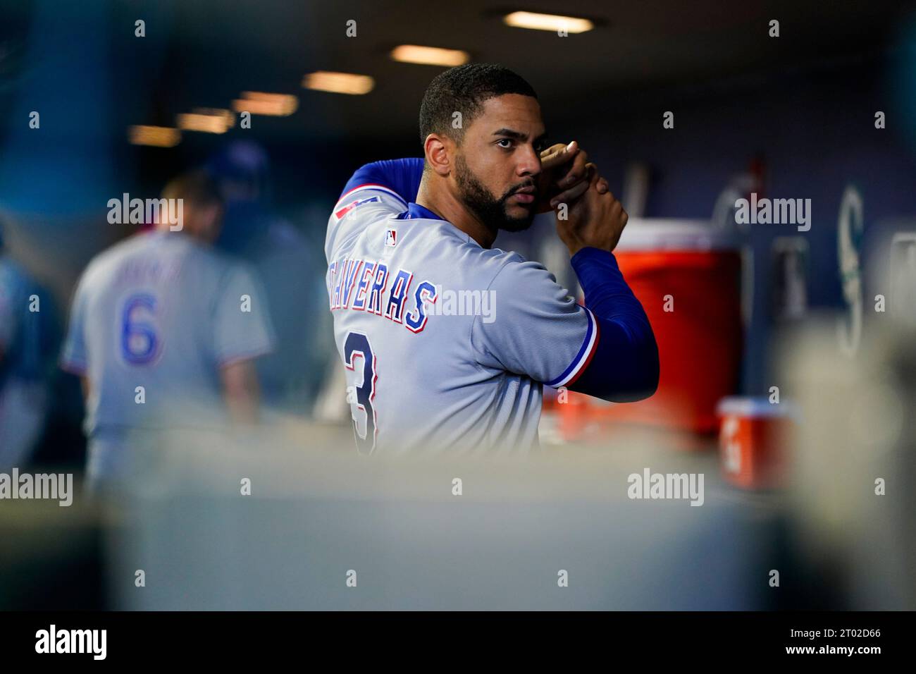 Texas Rangers center fielder Leody Taveras practices his swing in the ...